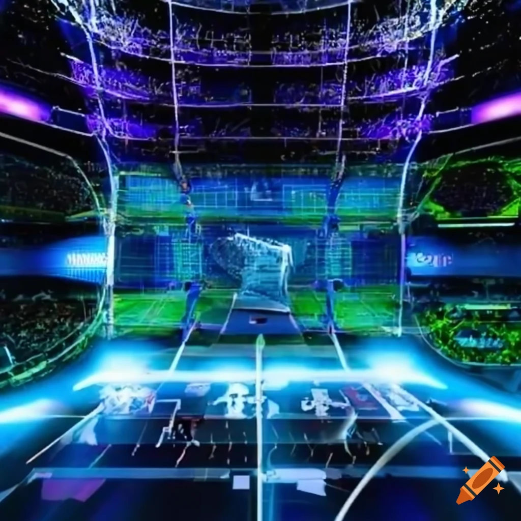 Futuristic stadium with XR player statistics holograms and players on ...
