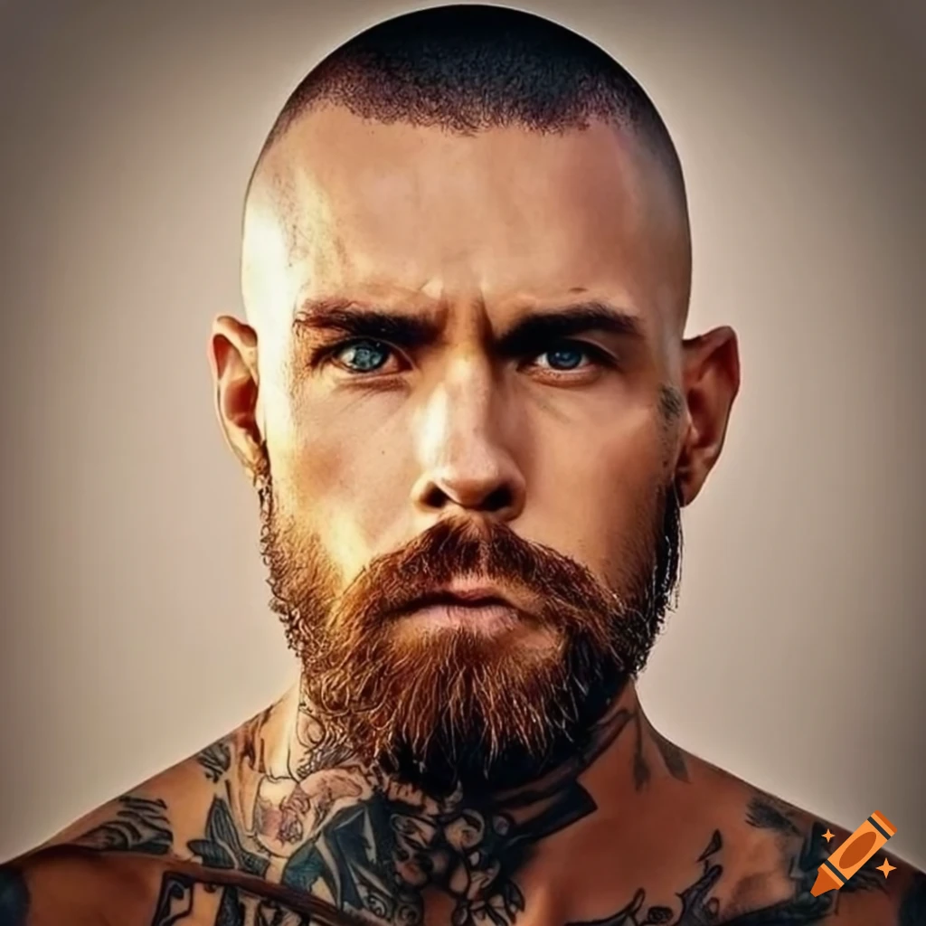 Man with shaved head, tattoos, and beard on Craiyon