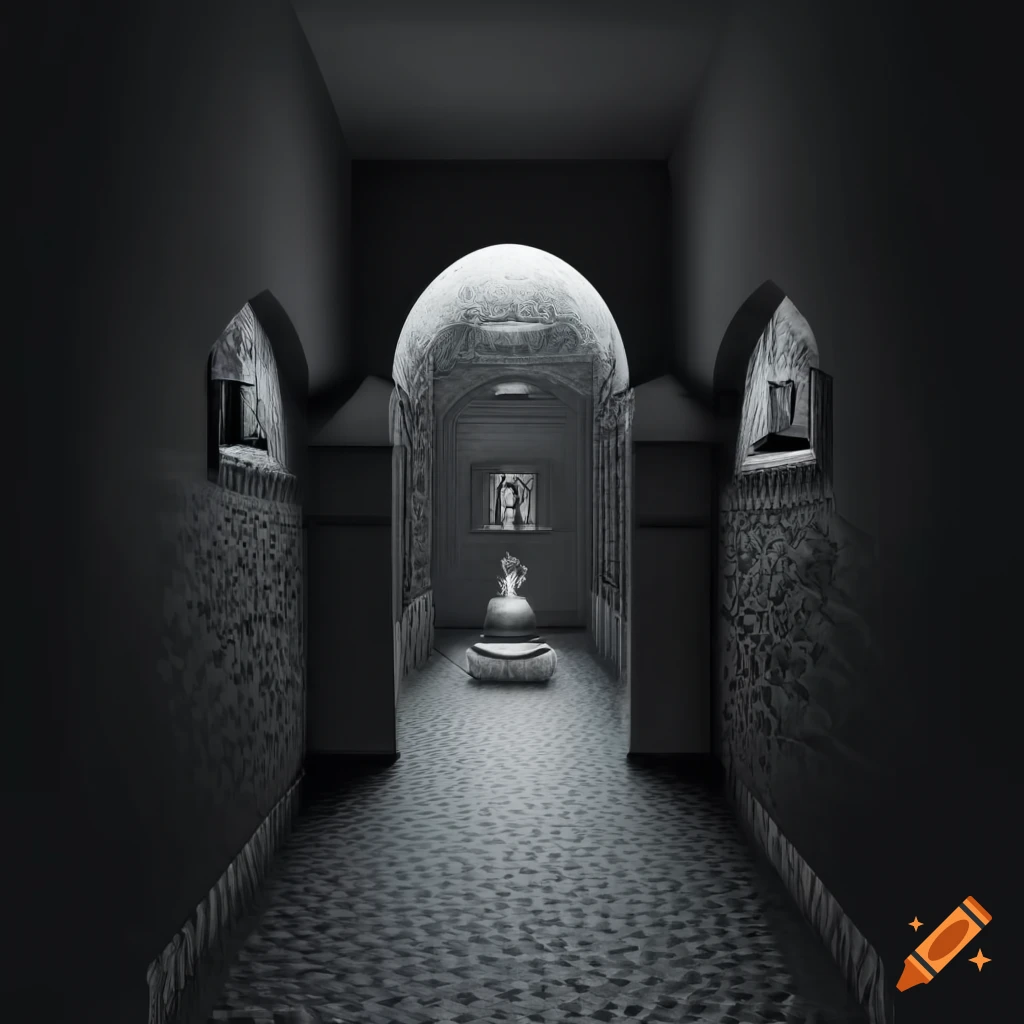 Escher-style black stone room with impossible geometry on Craiyon