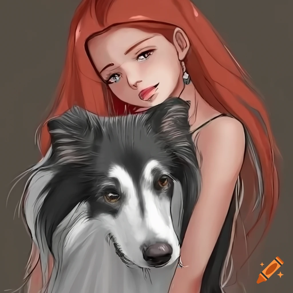 Red-haired girl playing with a Black and White Sheltie dog on Craiyon