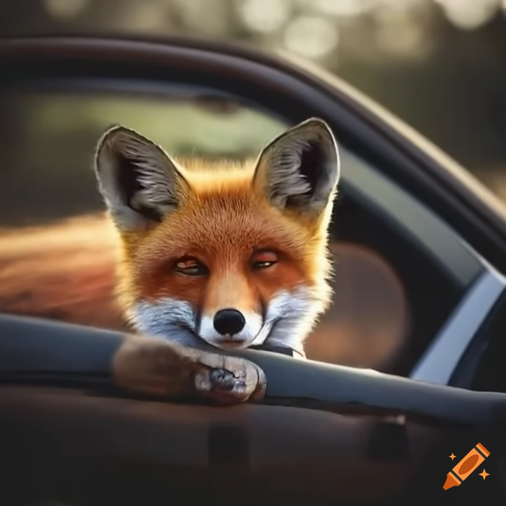 Tired fox behind the wheel of a car on Craiyon