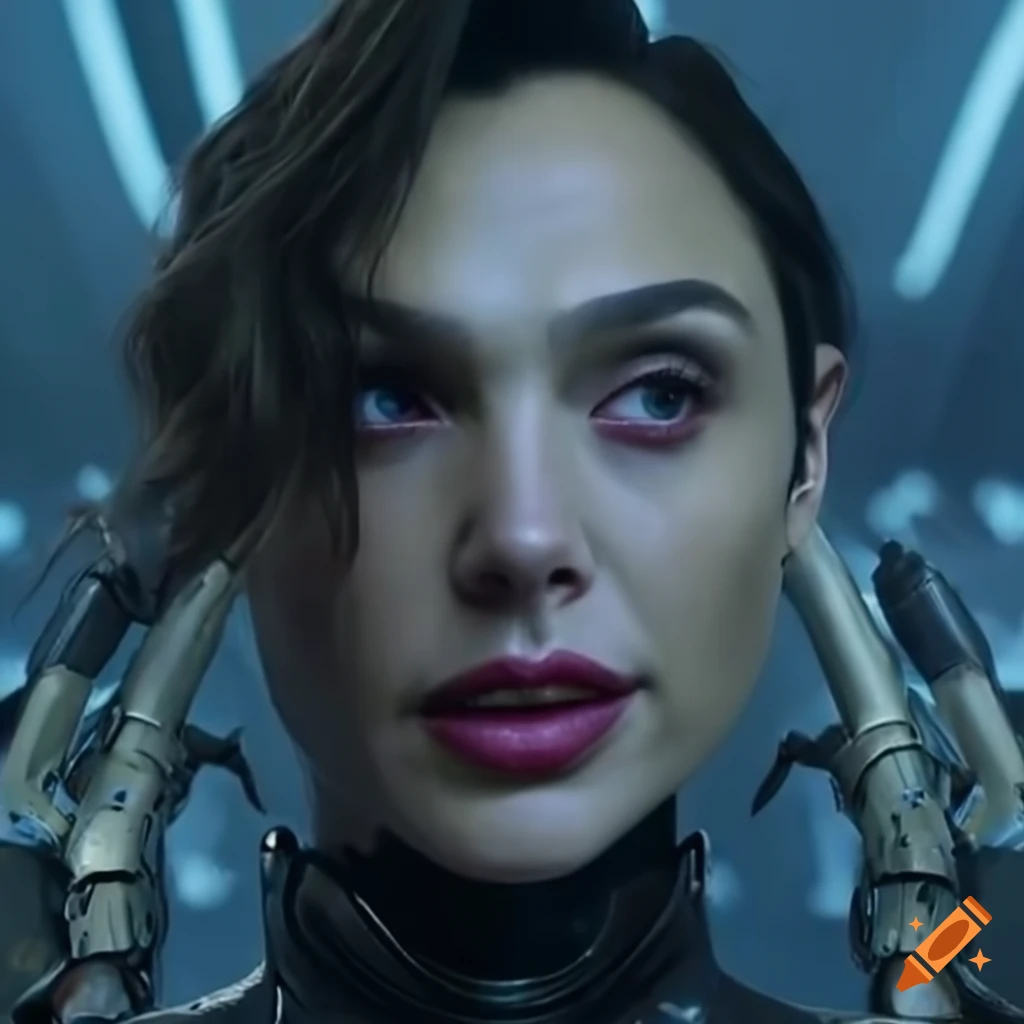 Gal gadot portrayed as the powerful cyborg character on Craiyon