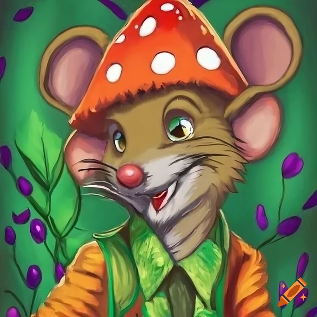 Bright orange anthro male mouse in a leaf suit and mushroom hat in oil ...