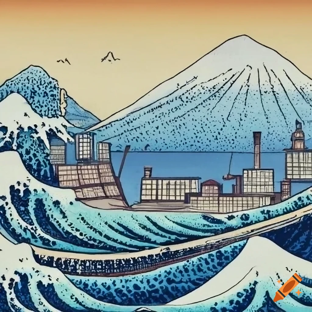 Hokusai style drawing of a slag heap in an industrial city on Craiyon