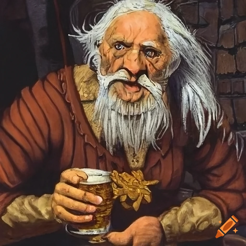 Old white-haired innkeeper in a medieval tavern wiping a beer mug on ...
