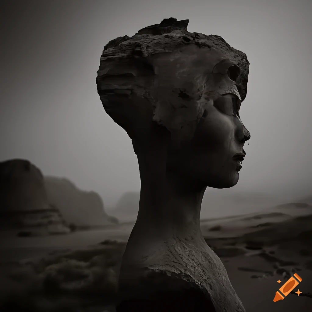 Foggy desert with broken concrete statues on Craiyon