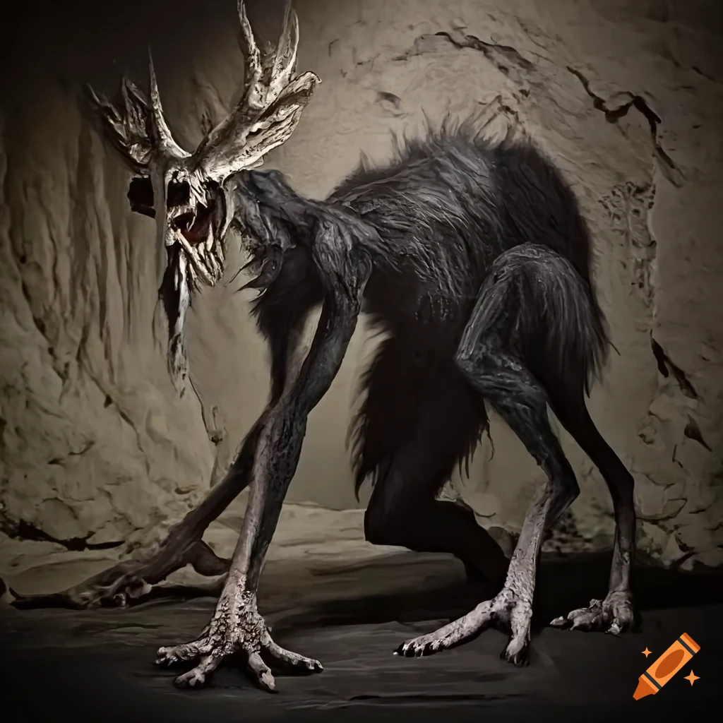 Mythical wendigo creature with camel skull in a dark cave entrance on ...