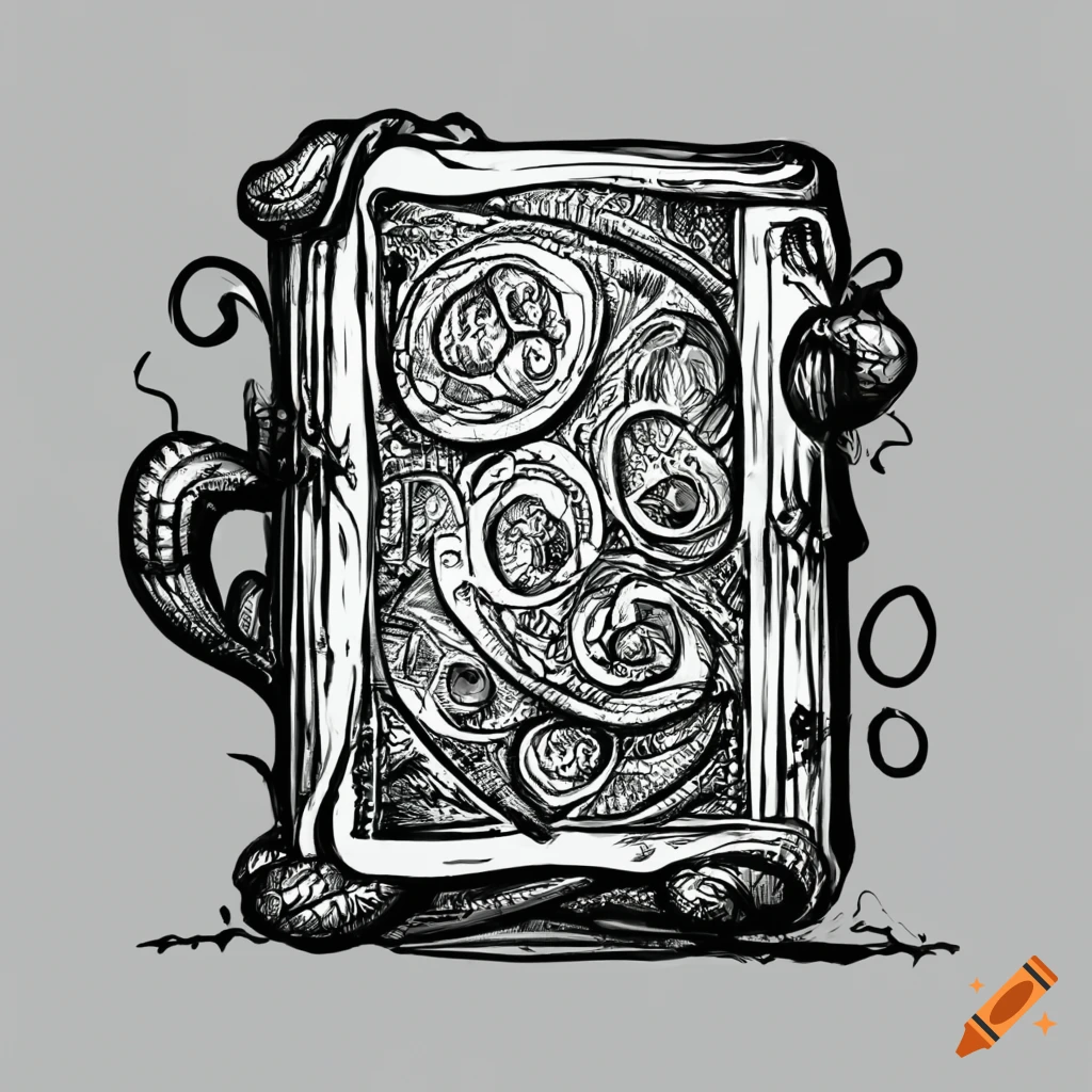 Dnd book in black and white hand-drawn sketch style on Craiyon
