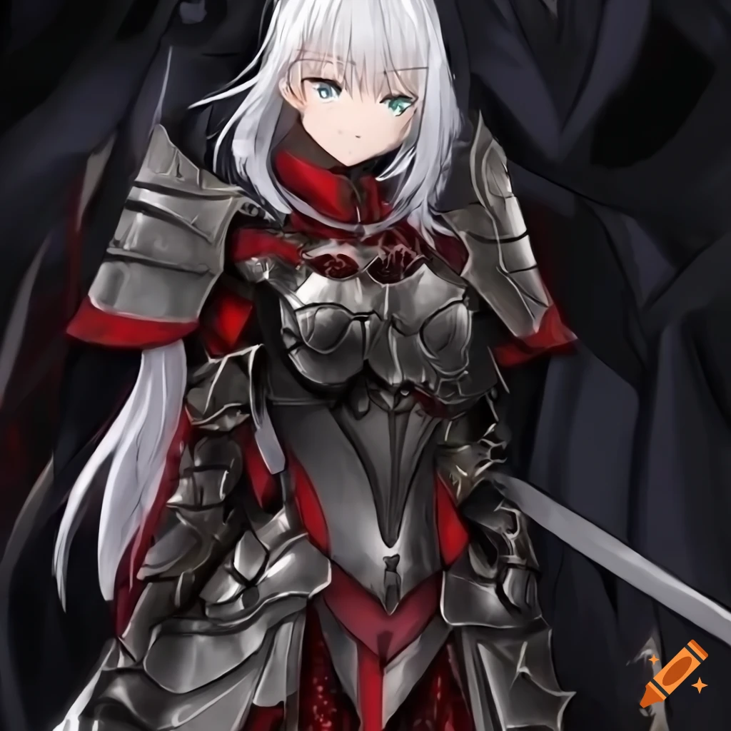 Anime-style female knight with white hair in black armor and red trim ...