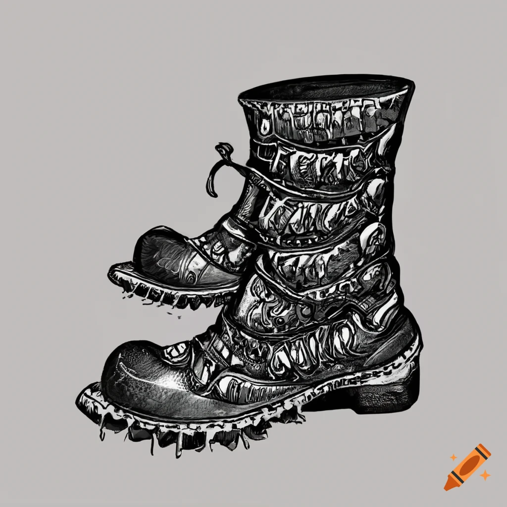 DnD boots with crampons in black and white sketch style on Craiyon