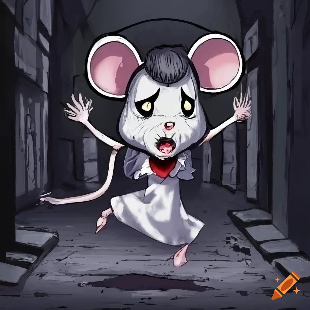 Anthropomorphic vampire mouse girl in rags running through an alleyway ...