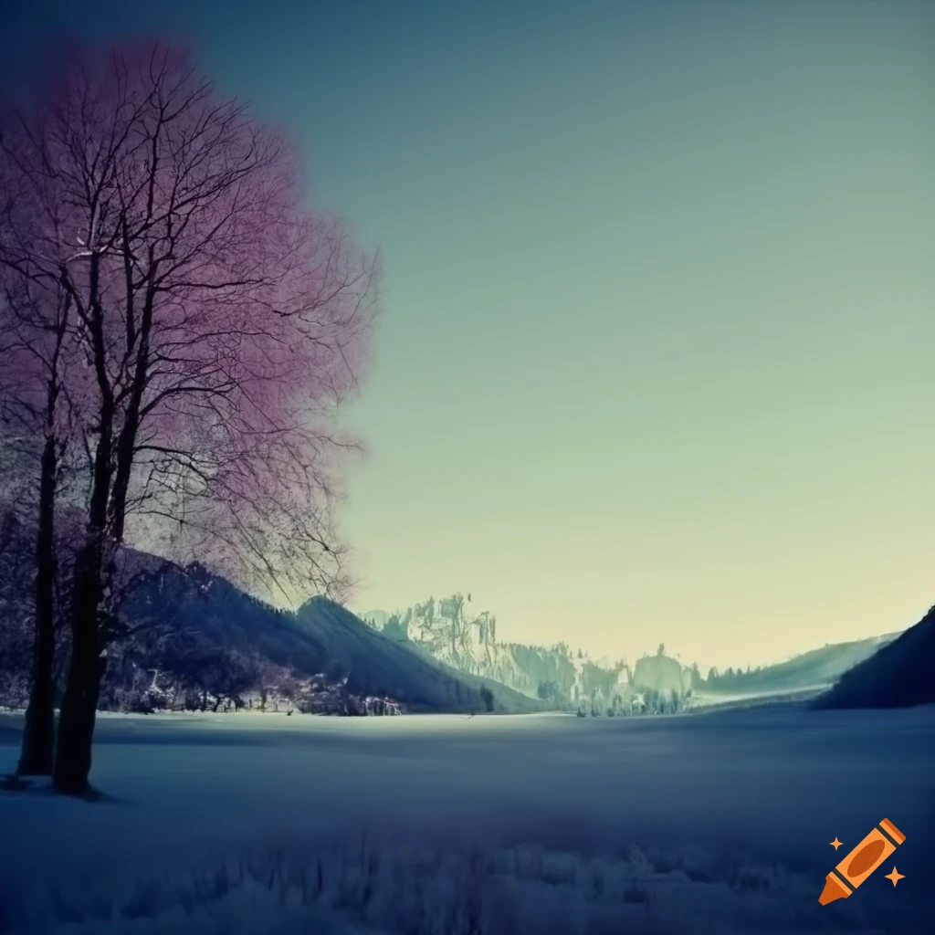 Springtime scenery with mountains, trees, and snow in a surreal vintage ...