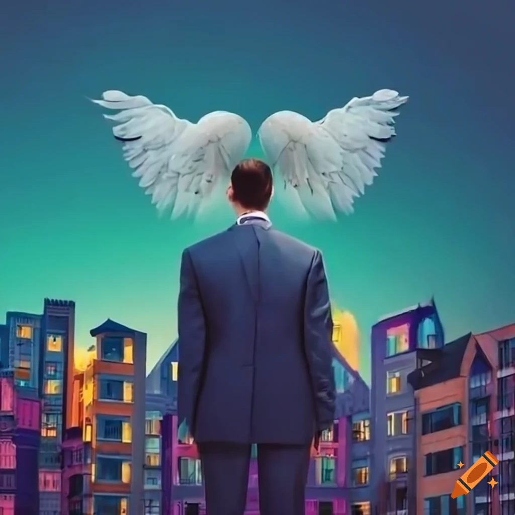 Man in suit with angel wings flying over colorful city buildings on Craiyon