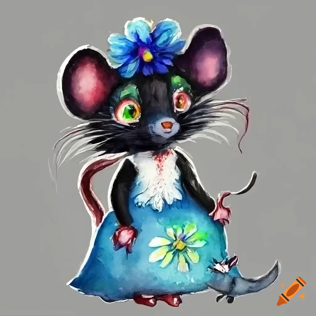 Cute anthro black mouse with rainbow hair in a flower dress, watercolor ...