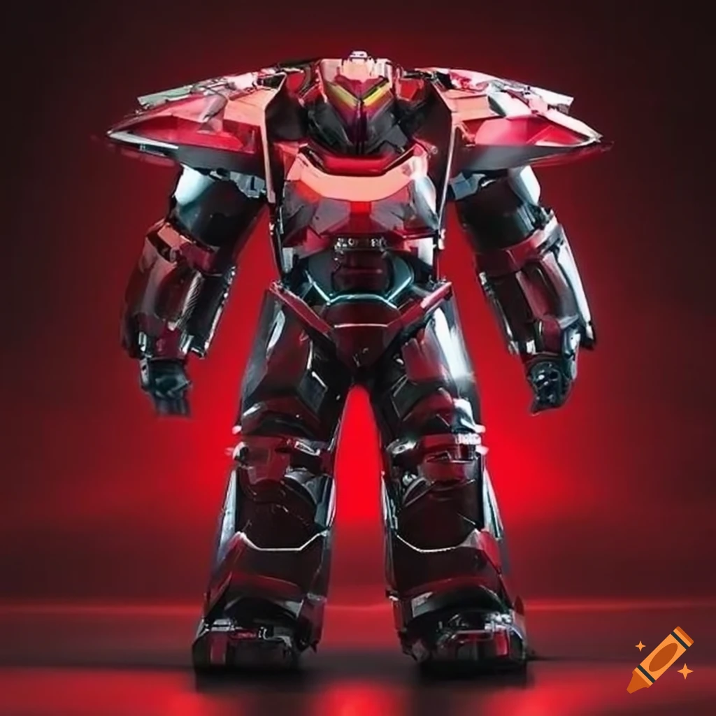 Power armor made of red crystals with jet pack turbines on Craiyon