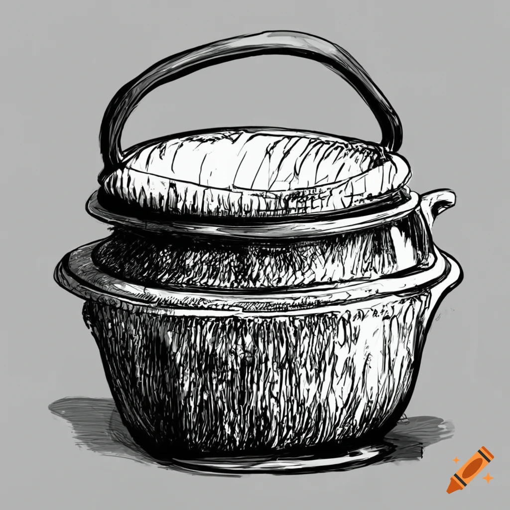 Cook pots in black and white hand-drawn sketch style on Craiyon