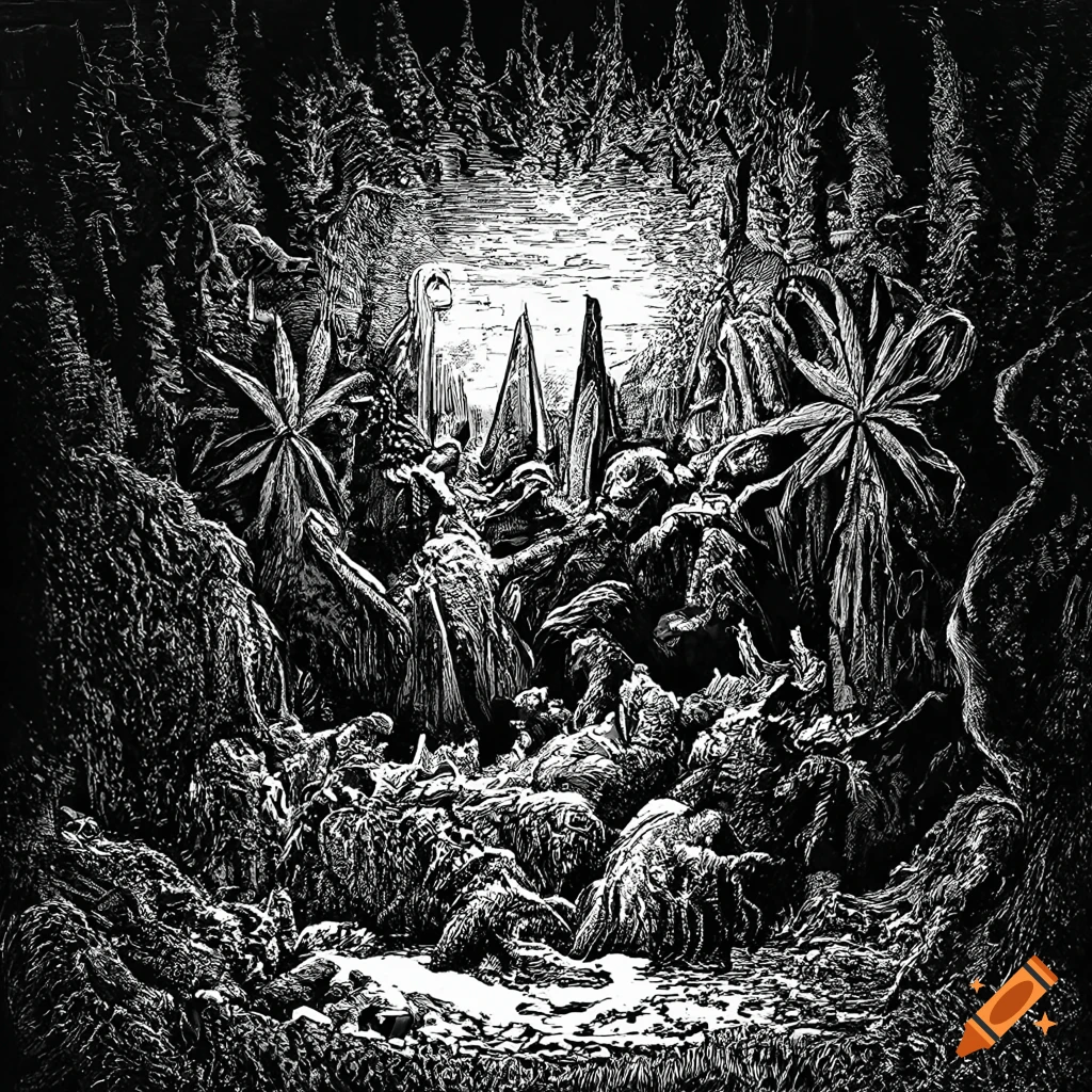 Surreal black and white art with Gustave Dore style drawing depicting a ...