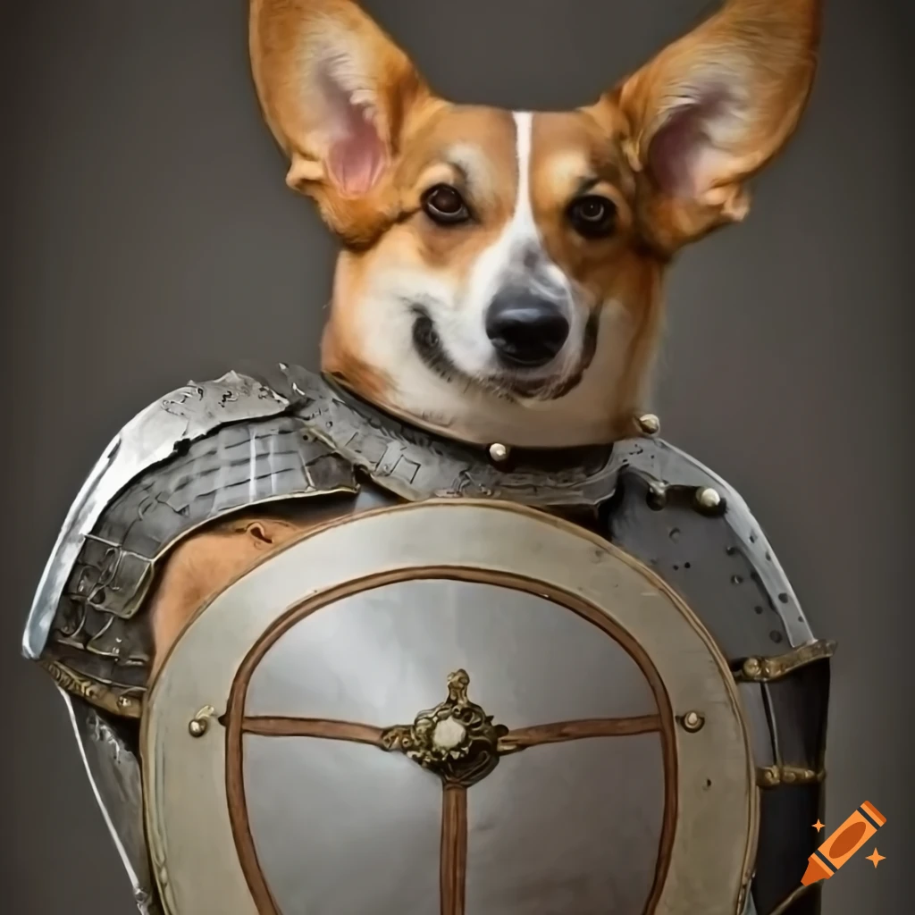 Welsh corgi with human body in medieval armor holding a sword and ...