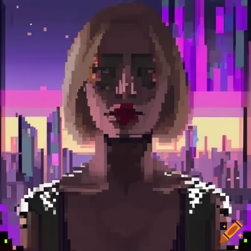 Russian android cyborg girl on a cyberpunk skyscraper in pixel art ...