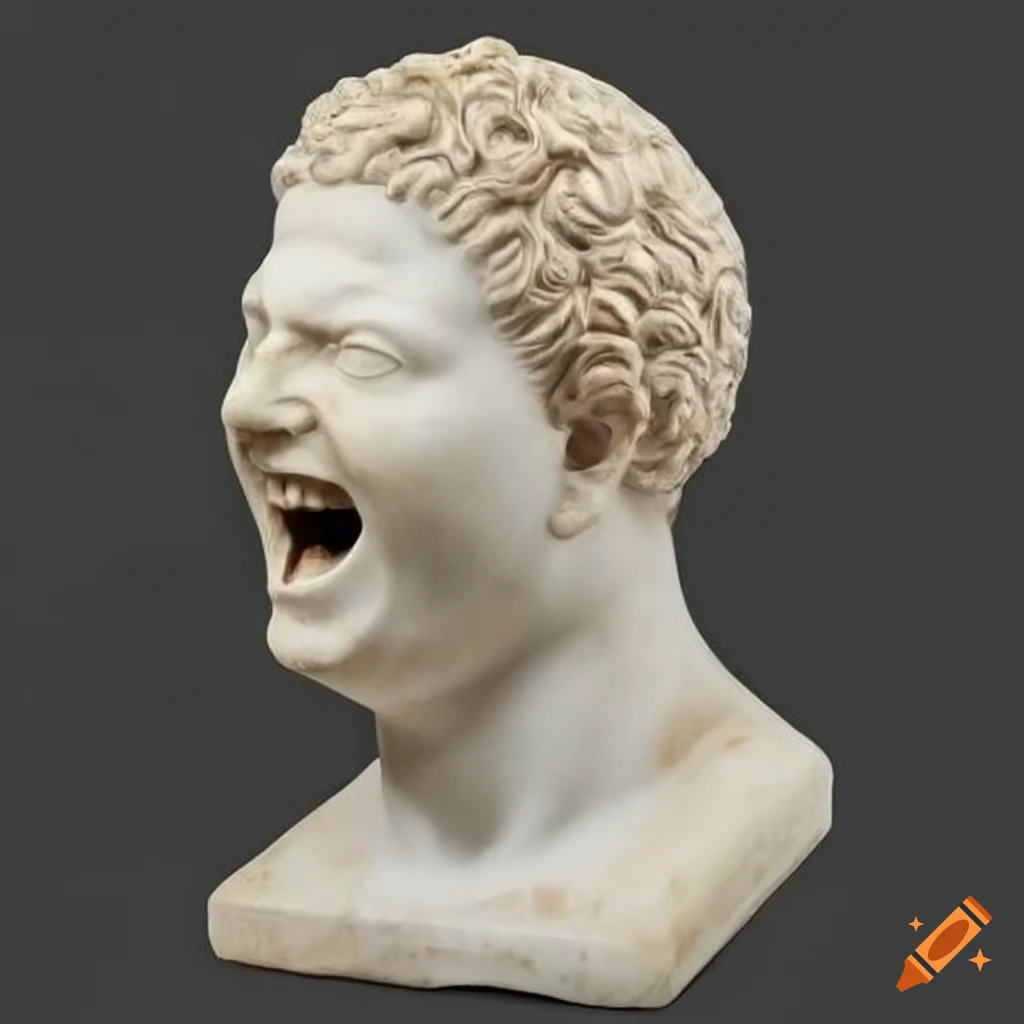 Marble bust of a laughing roman man on Craiyon