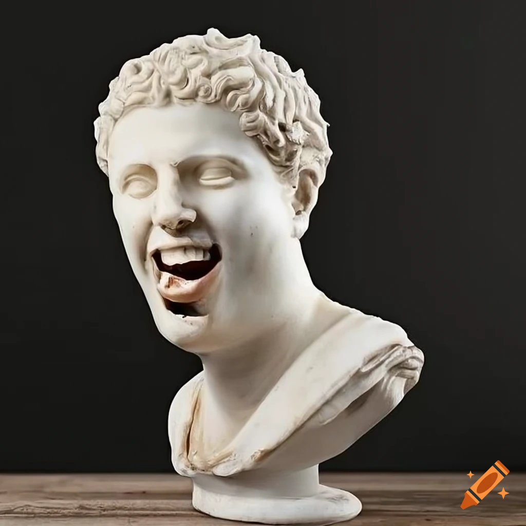 Marble bust of a laughing roman man on Craiyon