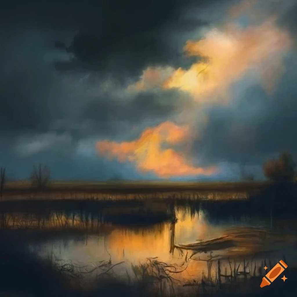 Sad natural colors landscape with old broken trees in a stormy sky on ...