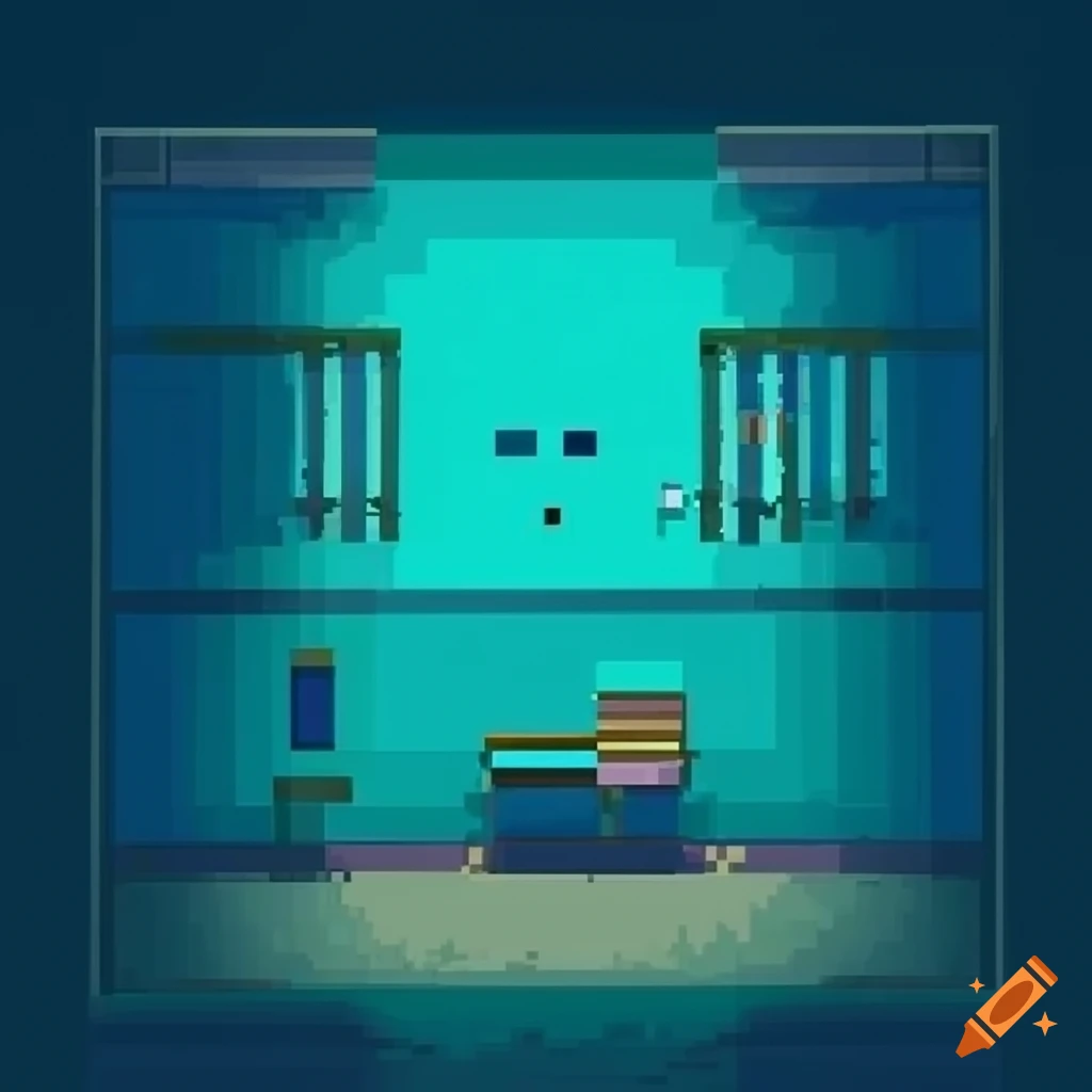Top-down 2D pixel art of a hospital room in light blue on Craiyon