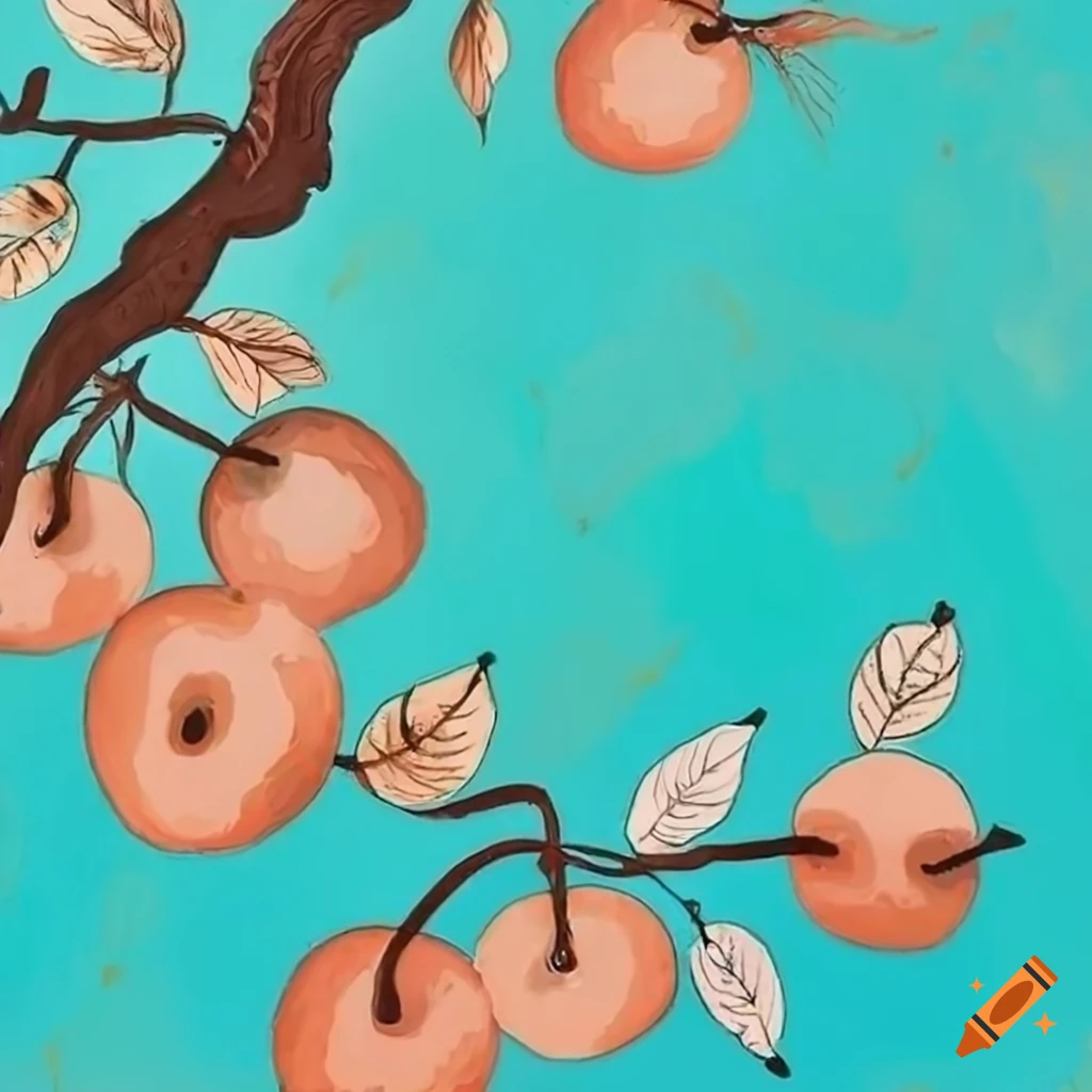 Colorful modern painting of winter blue apples on branches and a bird ...