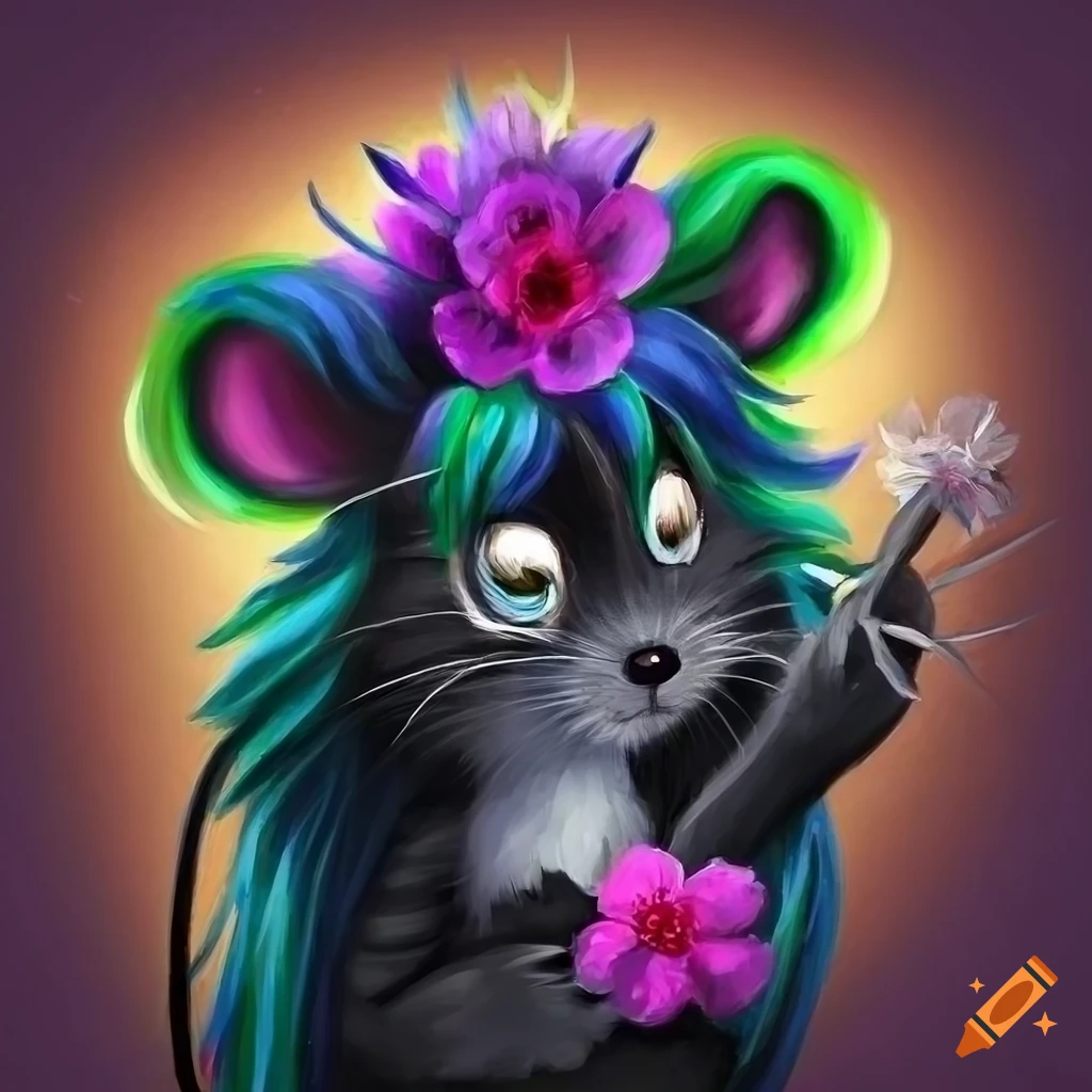 Anthropomorphic black mouse with rainbow hair in a flower dress in oil ...