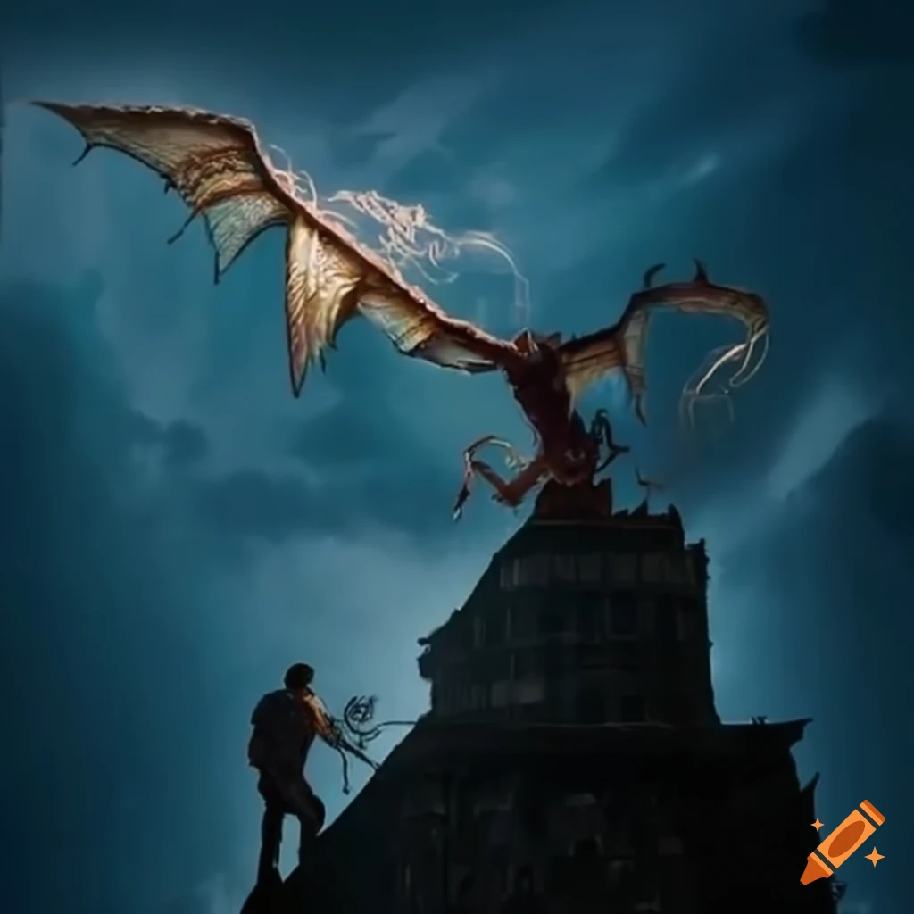 Man on a tower with a flying dragon on Craiyon