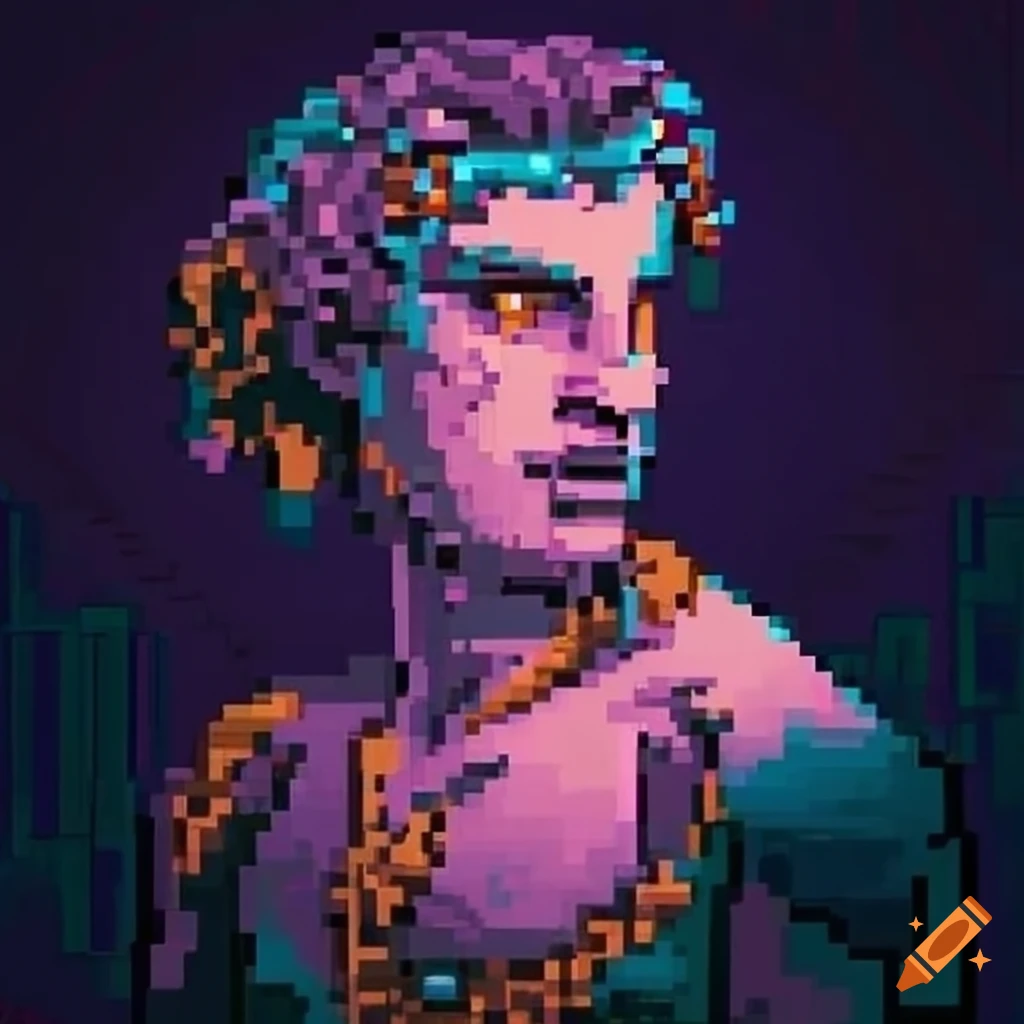 Greek God Apollo In A Cyberpunk Café In Pixel Art Style On Craiyon