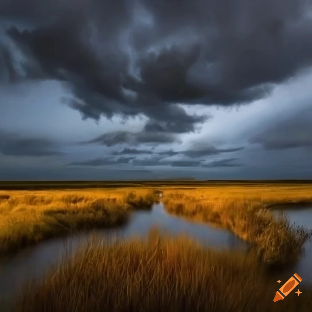 Rembrandt-style sad natural colors landscape with old broken trees in ...