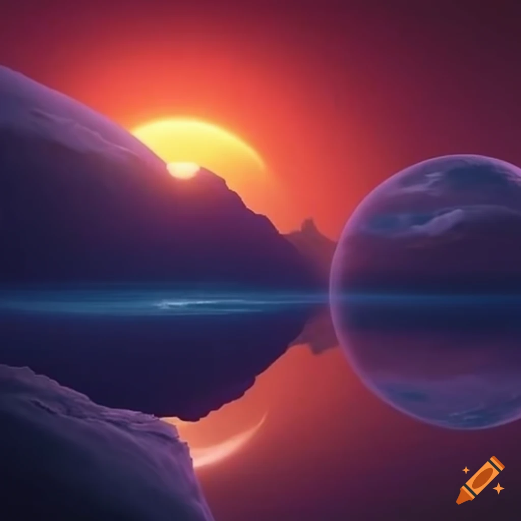 Sunset on an intriguing alien planet with diverse colors and hellish ...