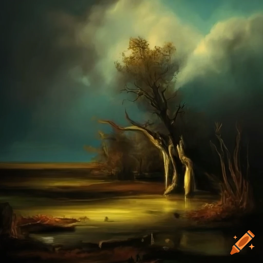 Sad natural colors landscape with old broken trees on wild floodplains ...