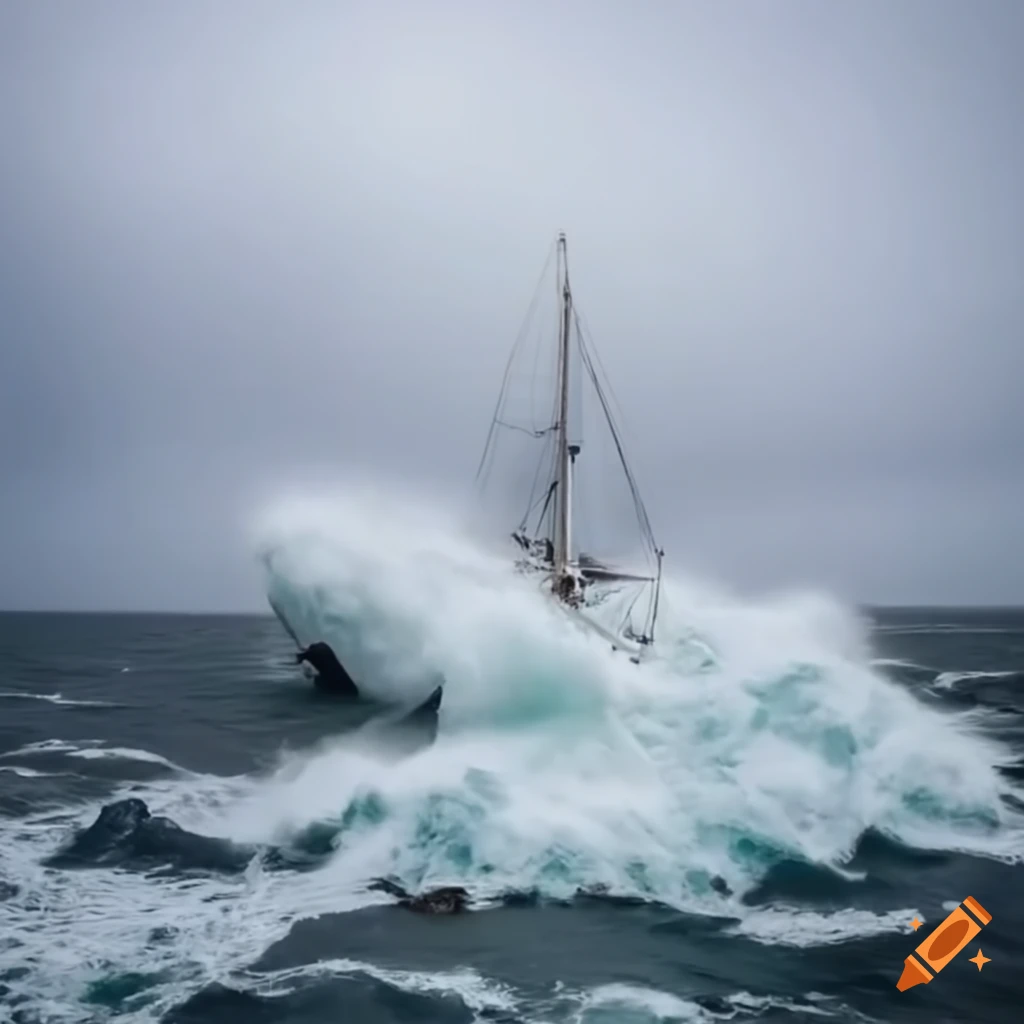 Sailing boat in rough sea under rain clouds on Craiyon