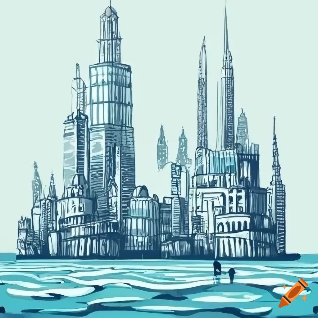 City under the sea with shadow people in cartoon style on Craiyon