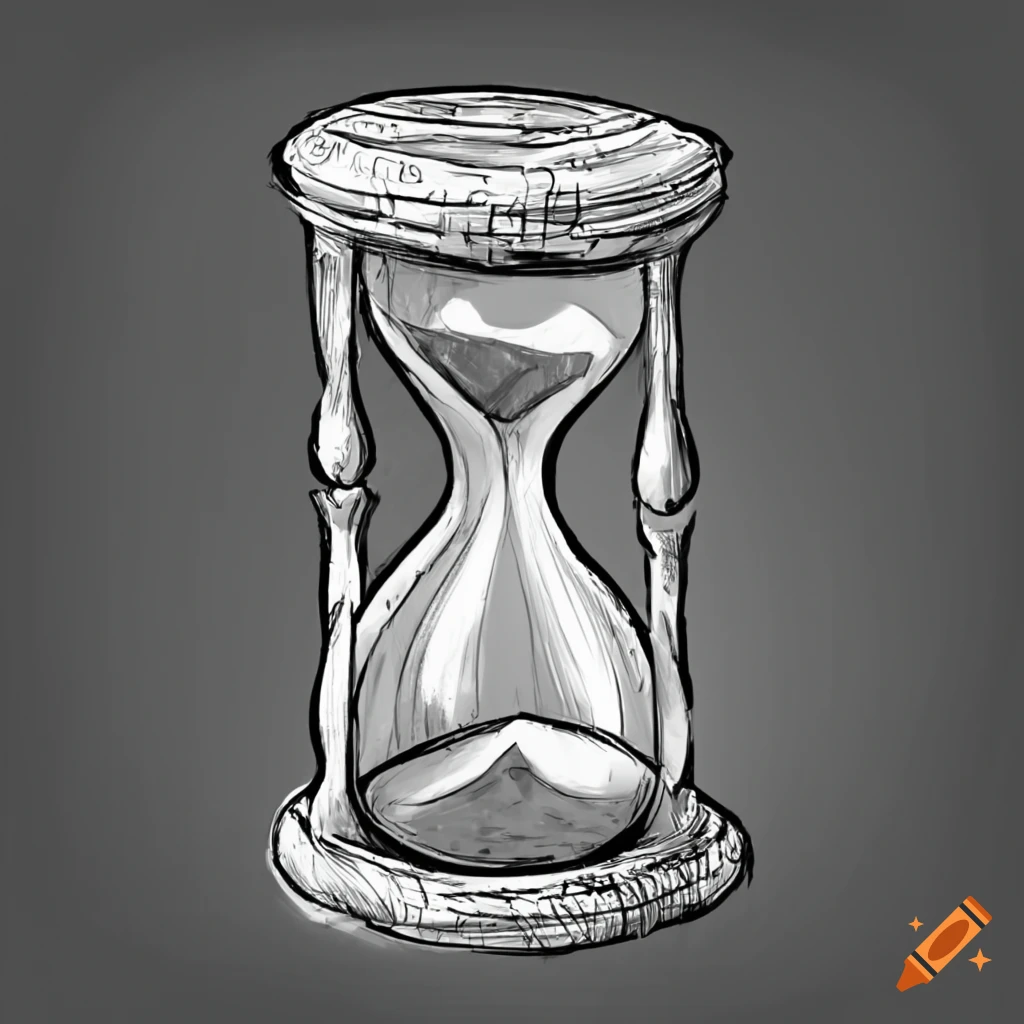 Hand-drawn sketch of a black and white hourglass in dnd style on Craiyon