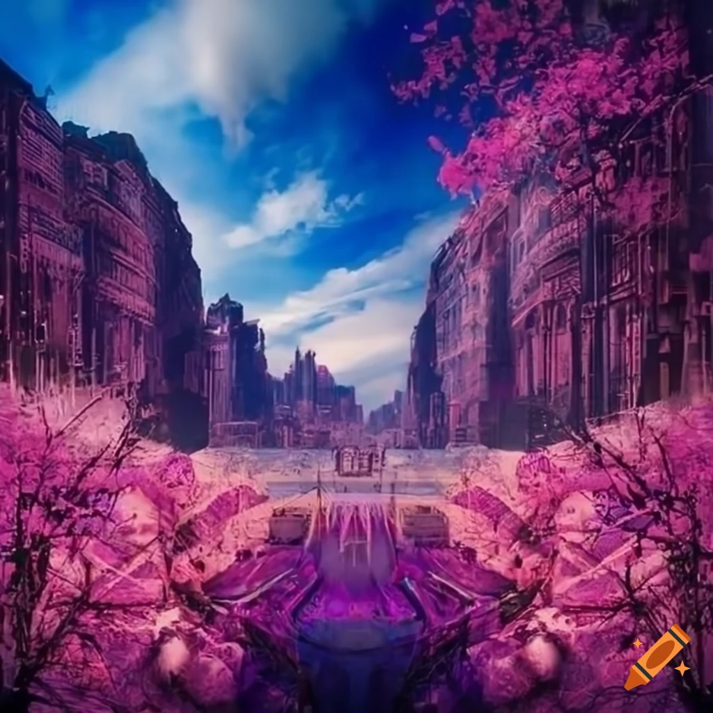 Breathtaking spring landscape with a vintage cyberpunk vibe on Craiyon