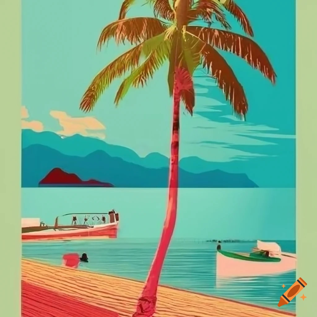 Beautiful vintage tropical travel poster with volumetric features on ...