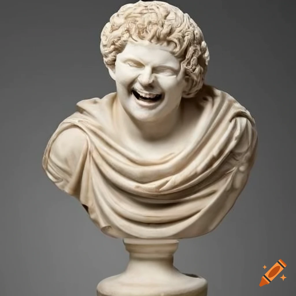 Marble bust of a laughing roman man on Craiyon