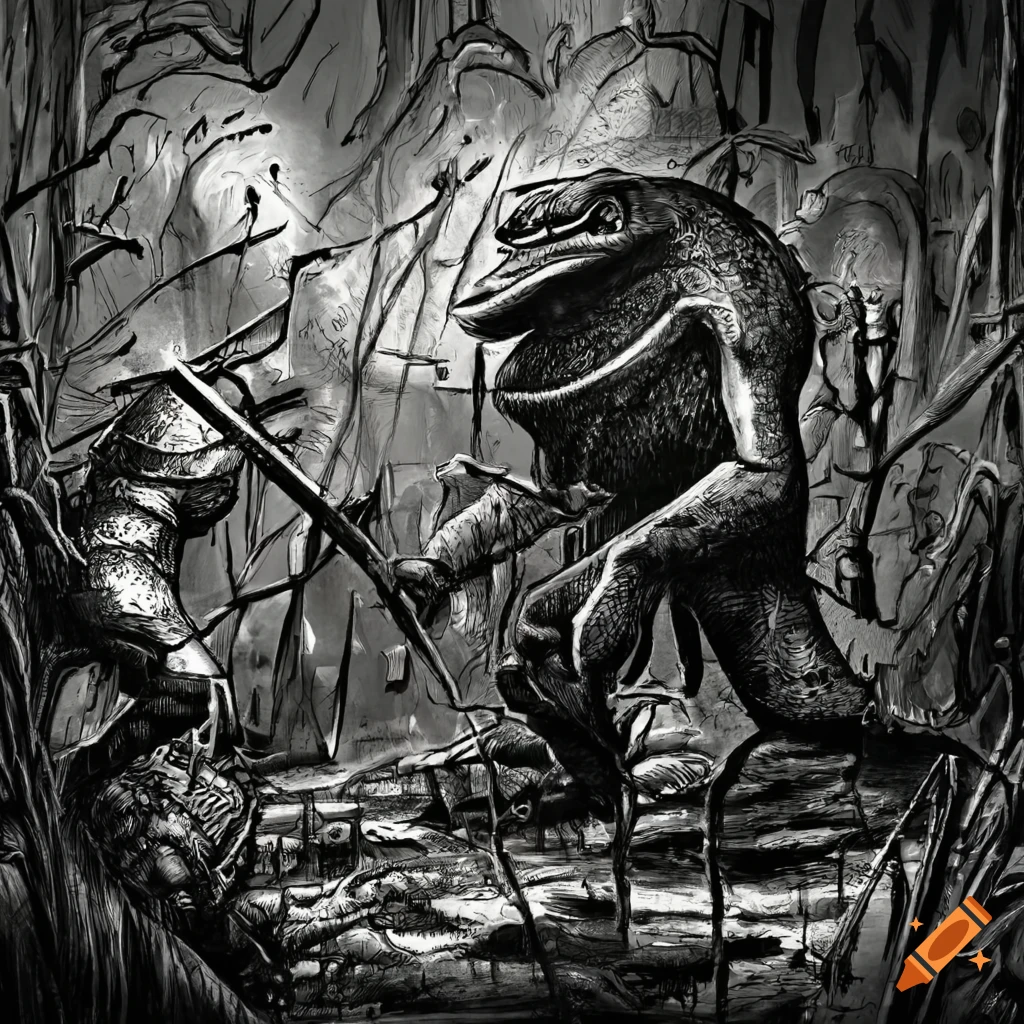 Fantasy battle between knights and giant frogs in a murky swamp (Ian ...