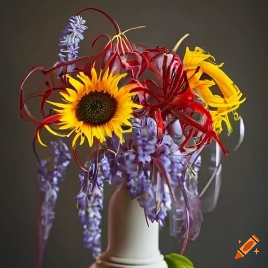 Beautiful red spider lily, sunflower, and wisteria bouquet in a vase on ...