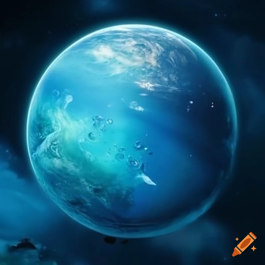 Blue planet with two rings in a crystal-clear water setting on Craiyon