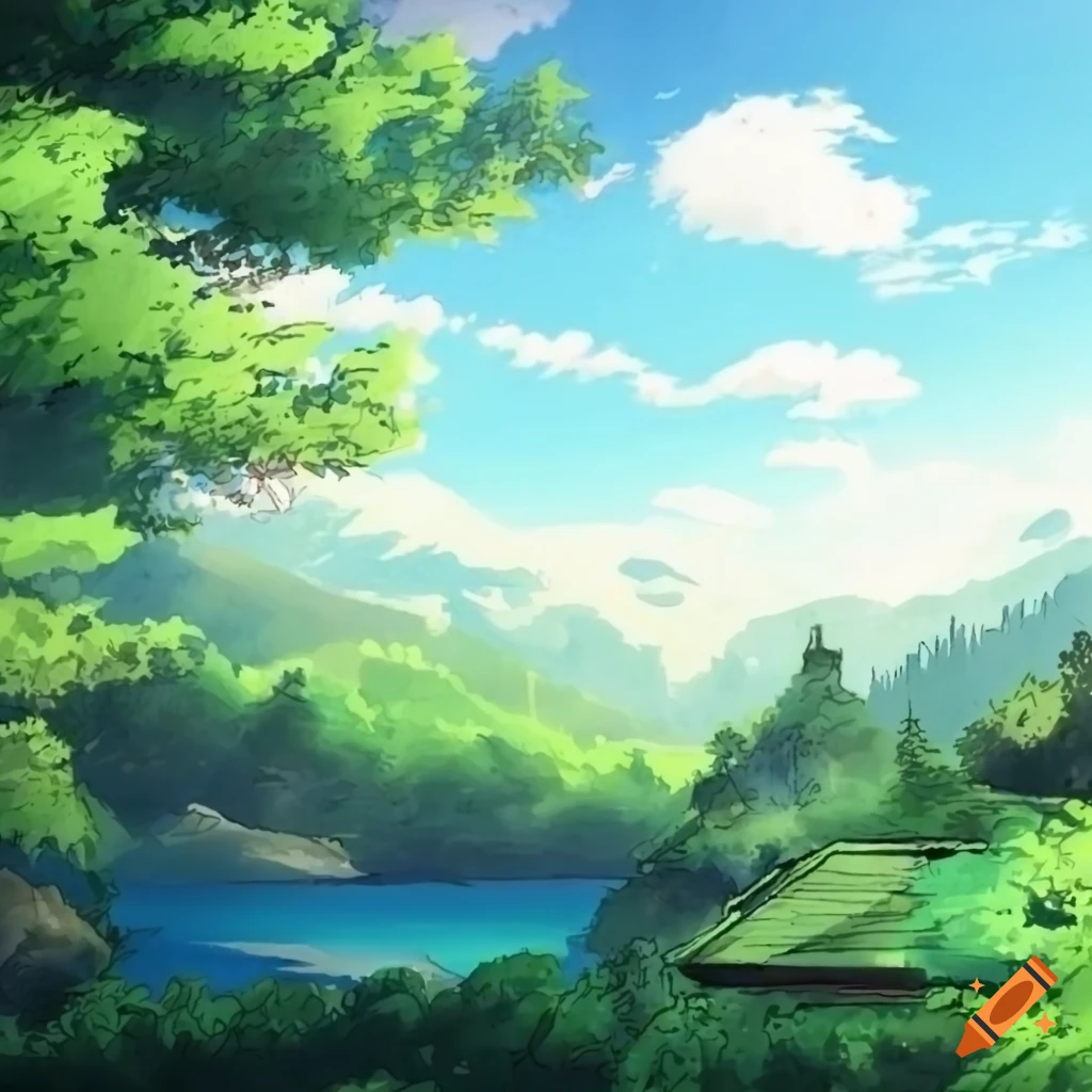 Japanese manga-style landscape under a blue sky on Craiyon