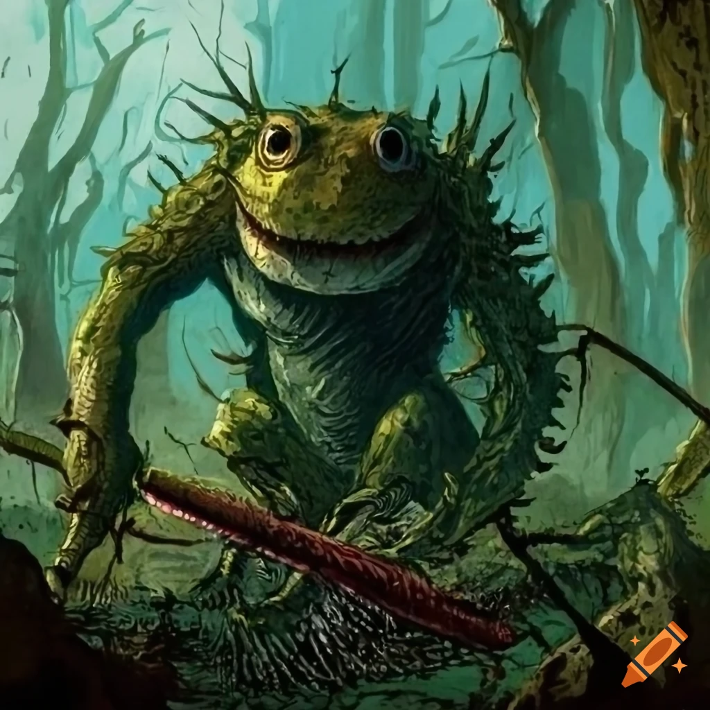 Fantasy battle scene with knights and giant frogs in a murky swamp (ian ...