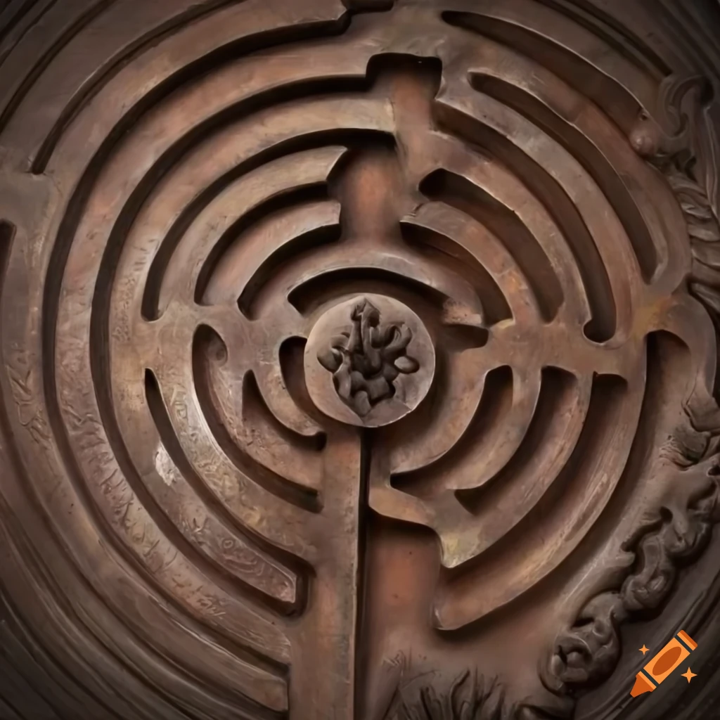 Detailed antique carved metal labyrinth with embers on Craiyon