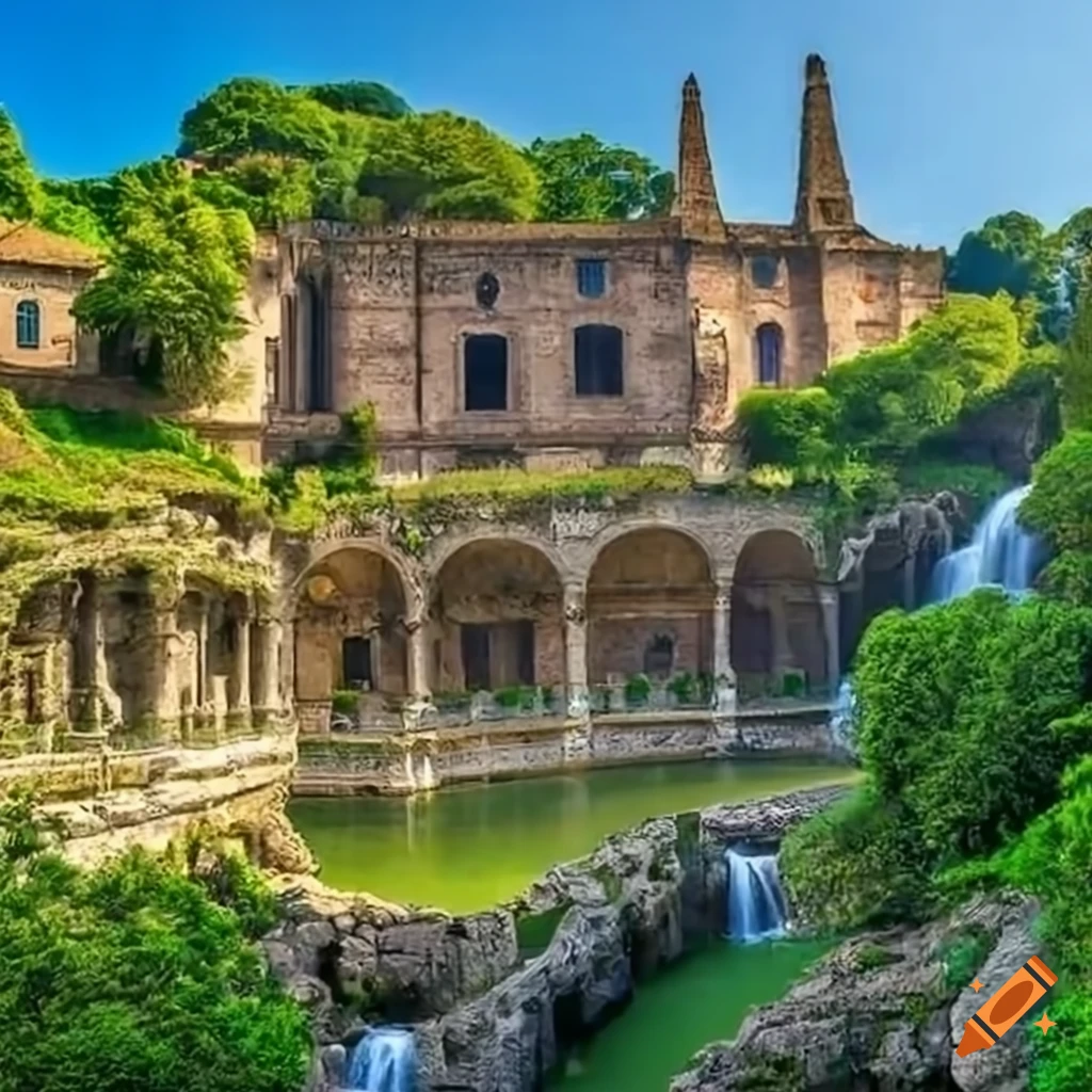 Detailed depiction of an ancient roman palace with clifftop gardens and ...