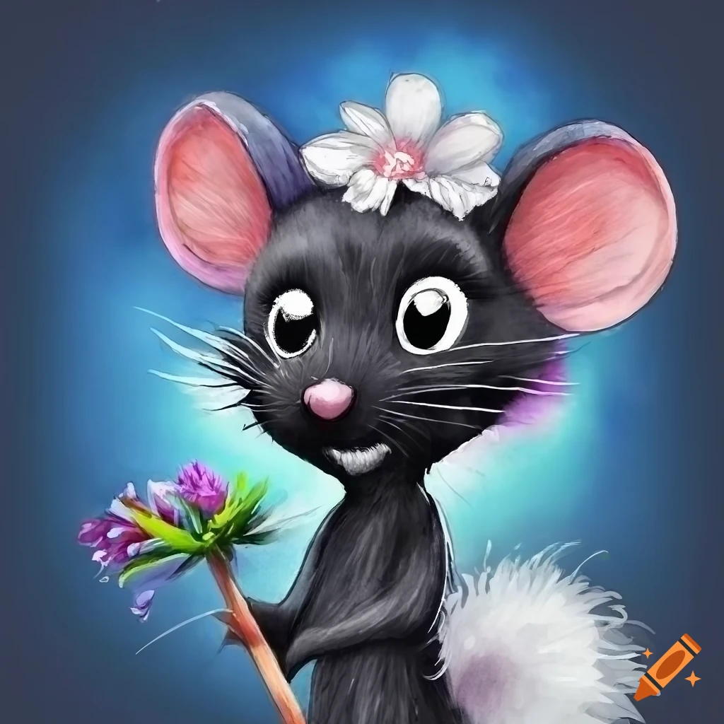 Cute anthro black mouse with rainbow hair in a flower dress, watercolor ...