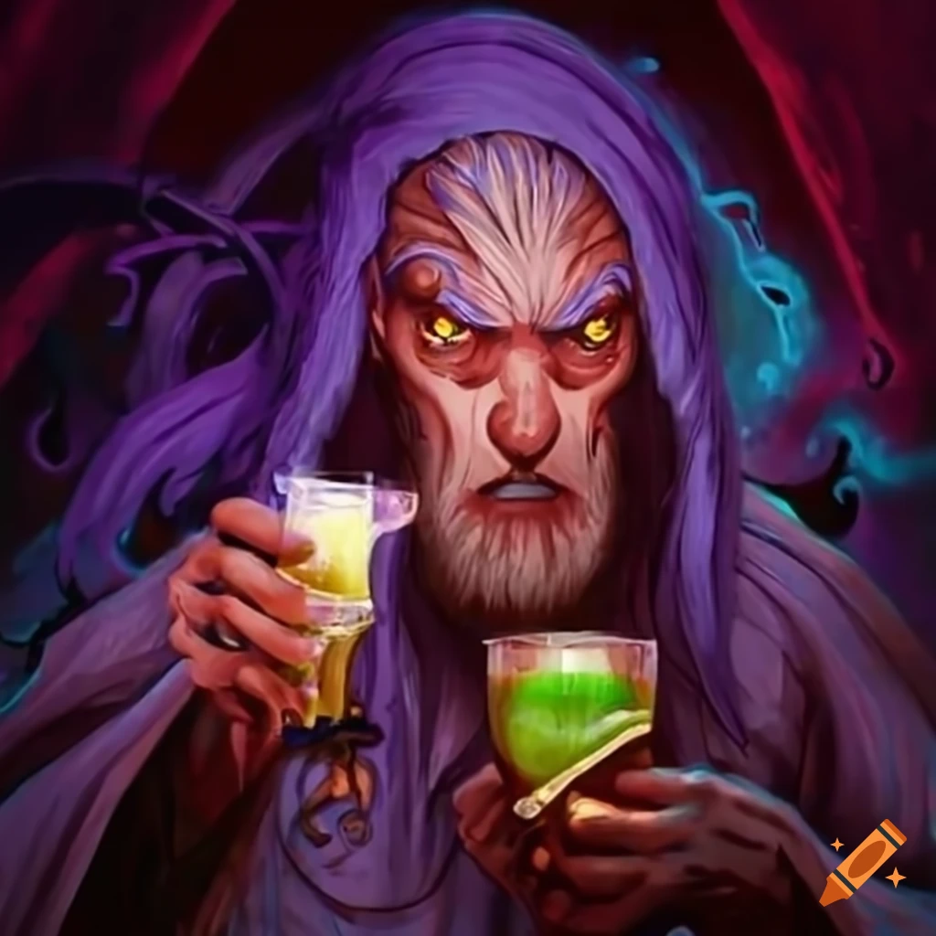 Wizard and friends making mystical drinks in a dungeon on Craiyon