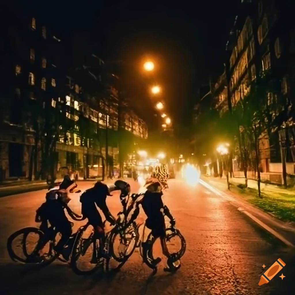 Group of cyclists riding under a full moon with glowsticks on their ...